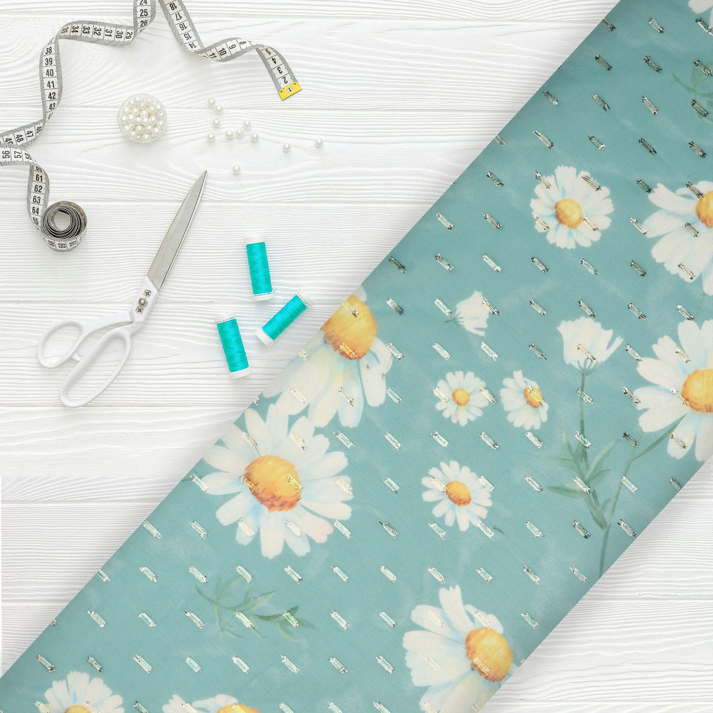 Greyish Turquoise and White Floral Pattern Digital Print Chiffon Fabri ...