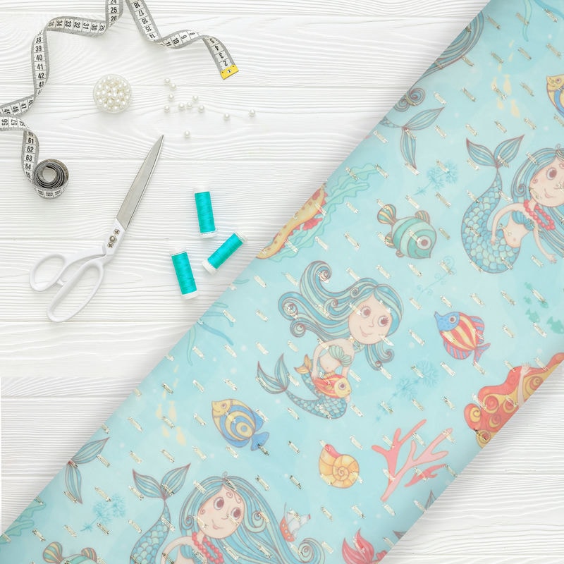 Sea Blue And Yellow Kids Pattern Digital Print Chiffon Golden Dobby Fa ...