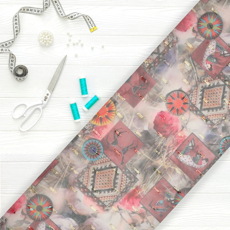 Multi Color Geometric Pattern Digital Print Chiffon With Golden Zari D ...
