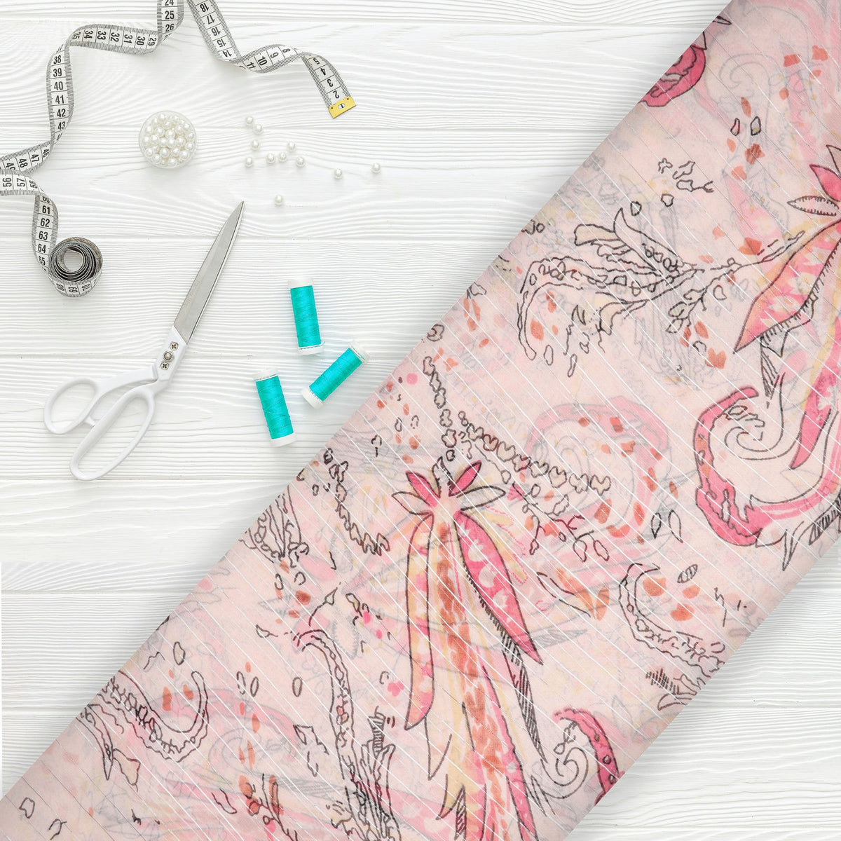 Pink And Yellow Floral Pattern Screen Print Chiffon Lurex Fabric ...