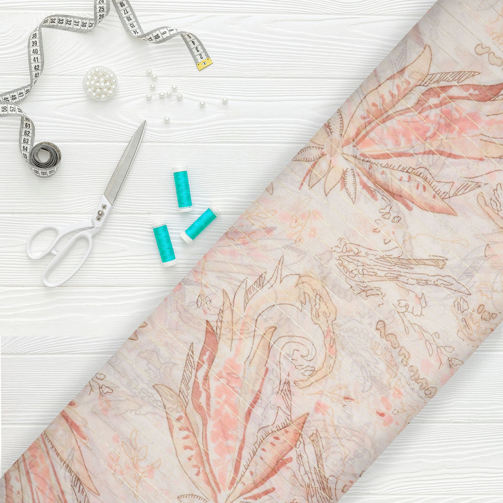 Peach And Pink Floral Pattern Screen Print Chiffon Lurex Fabric – Fabmyntra