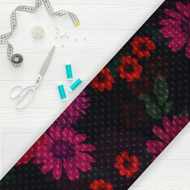 Red And Dark Pink Floral Pattern Screen Print Georgette Dobby Fabric ...