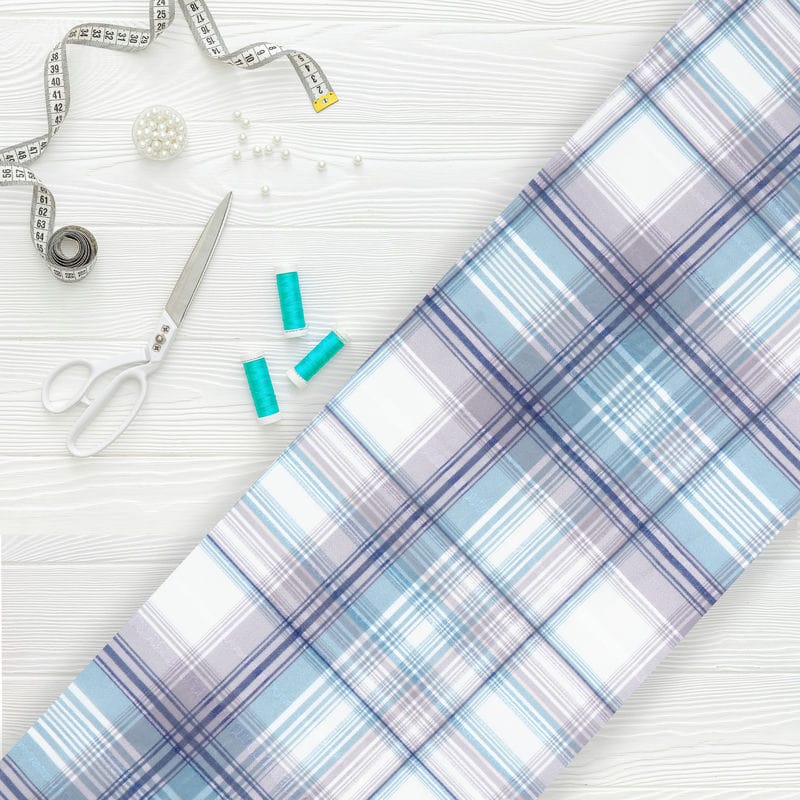 White And Sky Blue Checks Pattern Digital Print Crepe Fabric – Fabmyntra