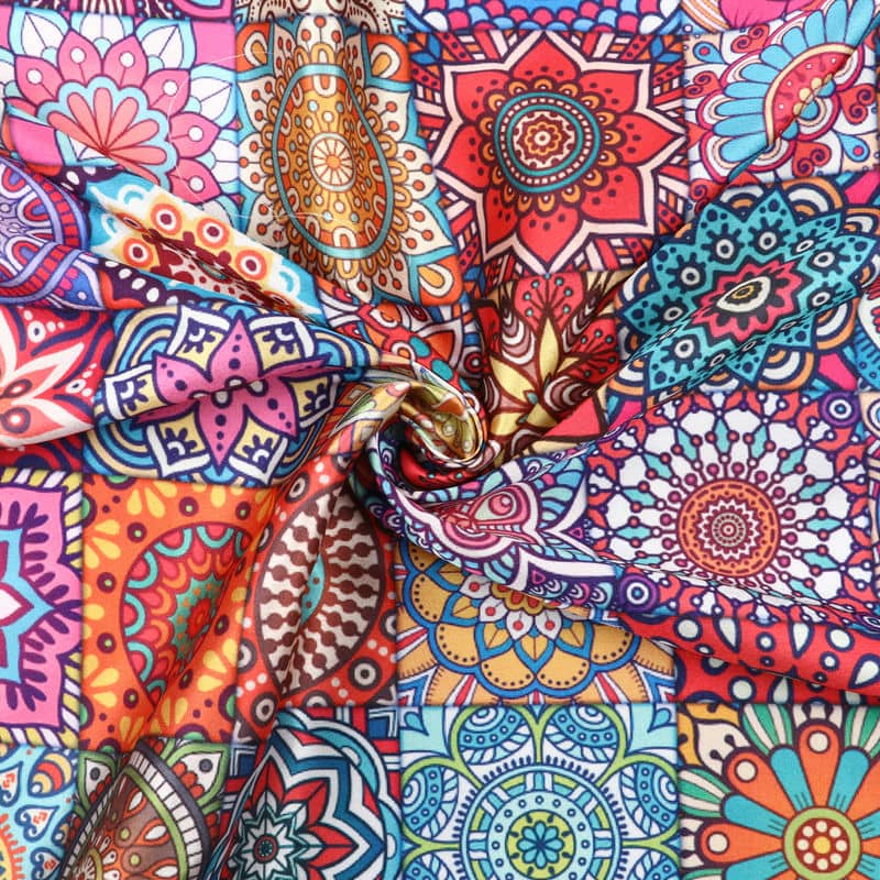 Multi Color Mandala Pattern Digital Print Japan Satin Fabric – Fabmyntra