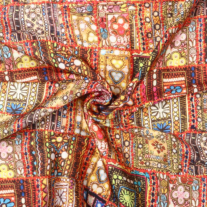 Red And Yellow Gamthi Pattern Digital Print Japan Satin Fabric – Fabmyntra