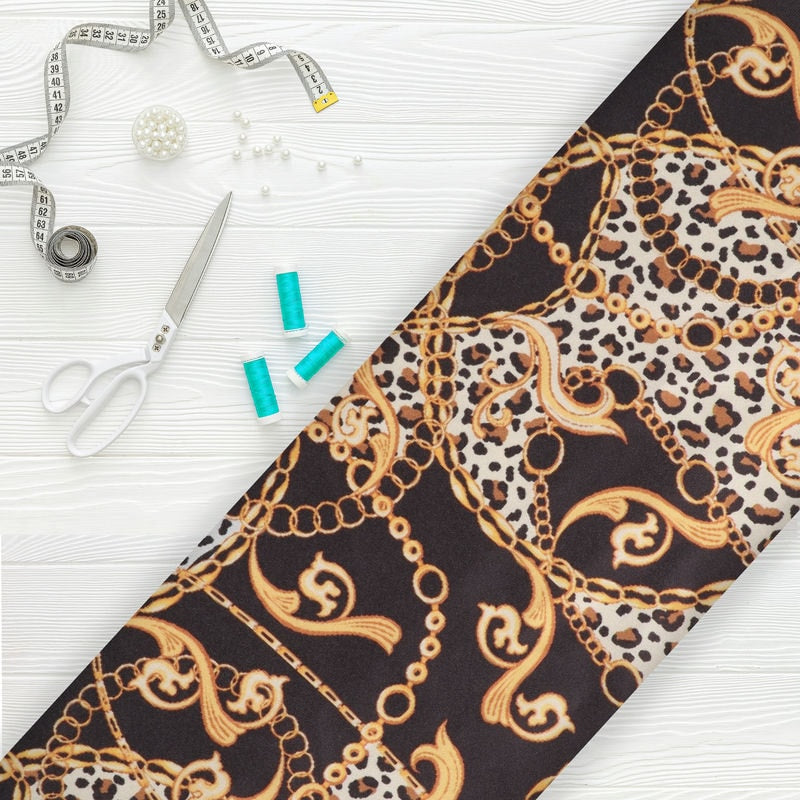 Black And Gold Chain Pattern Digital Print Japan Satin Fabric – Fabmyntra