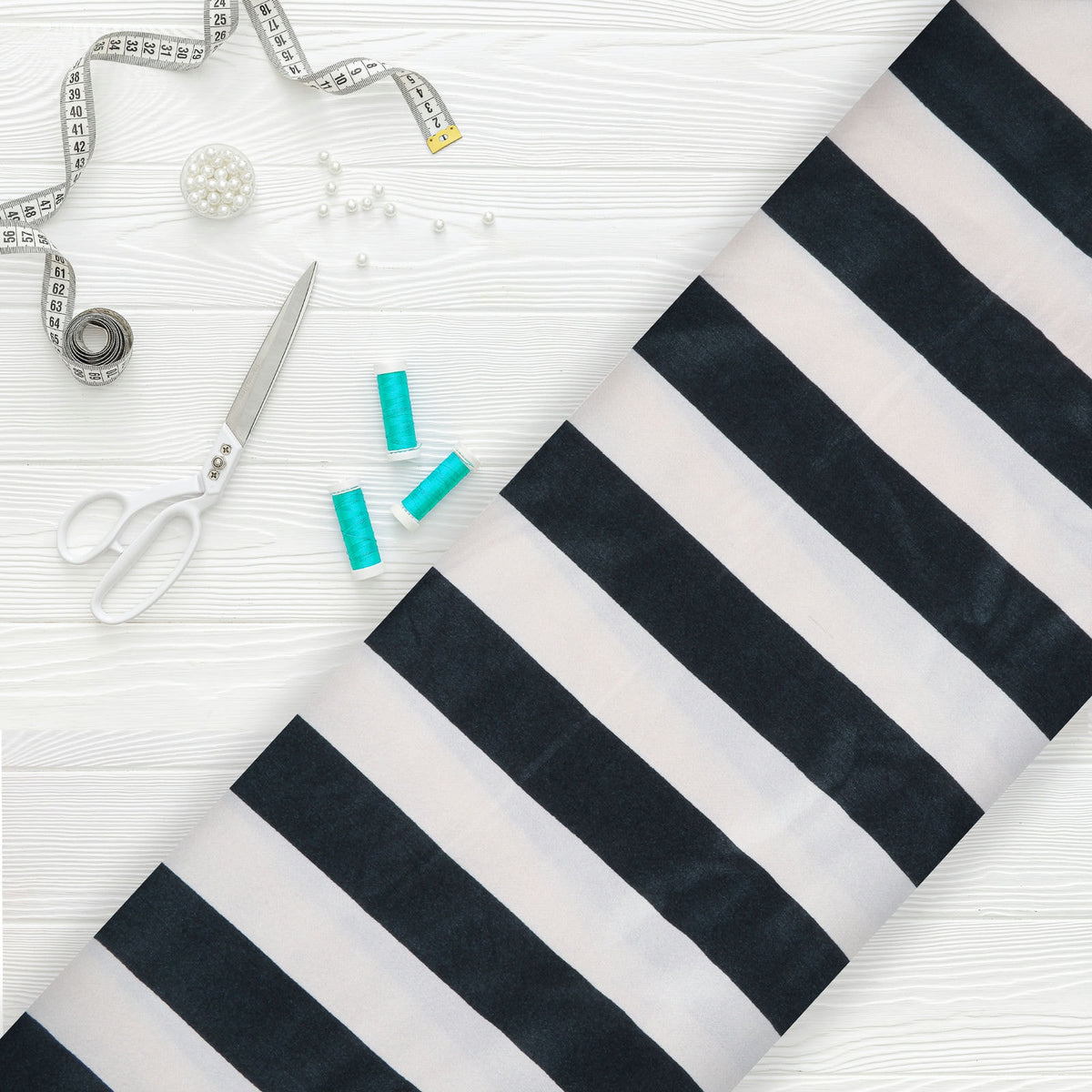 Black And White Stripes Pattern Screen Print Japan Satin Fabric – Fabmyntra