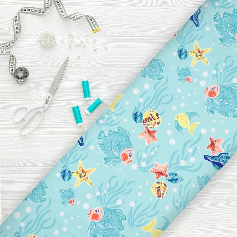 Turquoise And Yellow Kids Pattern Digital Print Lycra Fabric – Fabmyntra