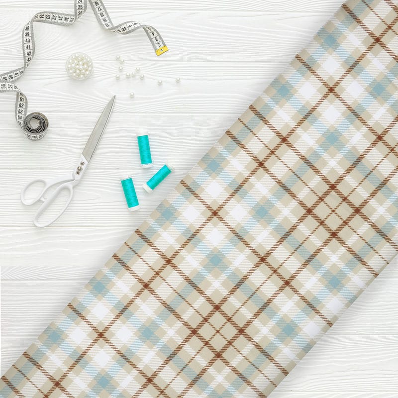 White And Khaki Checks Pattern Digital Print Crepe Fabric – Fabmyntra