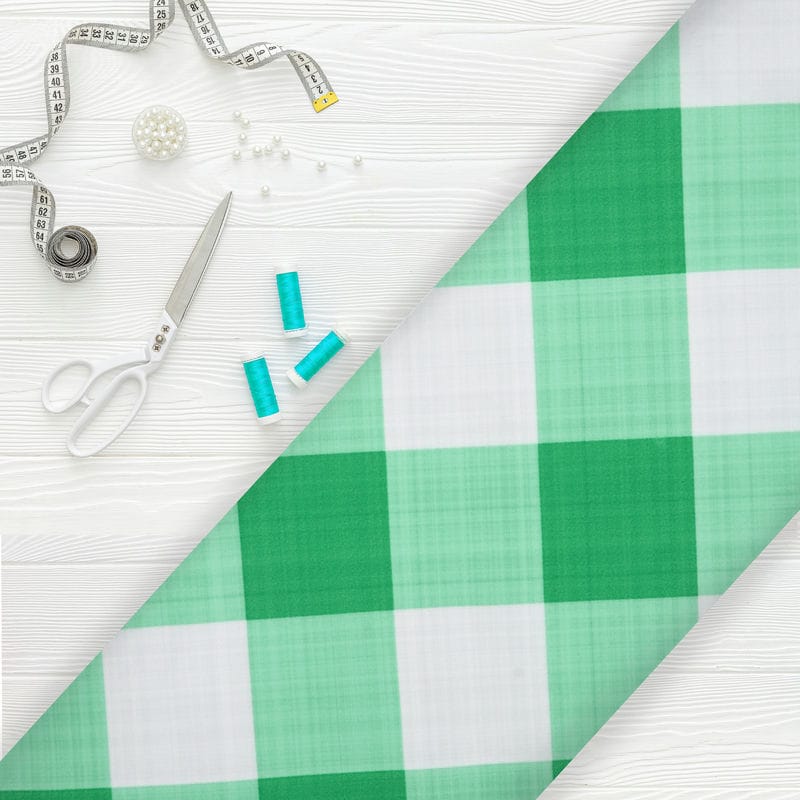 Mint Green And White Checks Pattern Digital Print Rayon Fabric – Fabmyntra