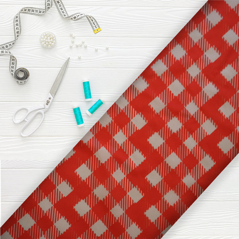 Red And White Checks Pattern Digital Print Rayon Fabric. – Fabmyntra