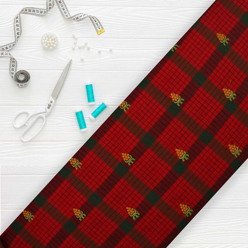 Red And Green Checks Pattern Dyed Embroidery Cotton Fabric – Fabmyntra