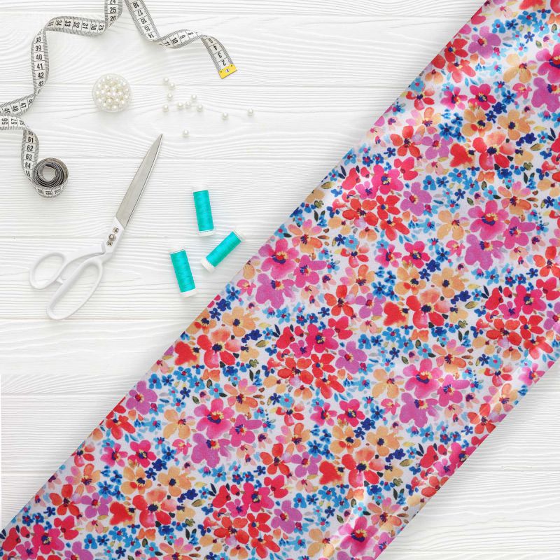 Red And Blue Calico Pattern Digital Print Ultra Satin Fabric – Fabmyntra