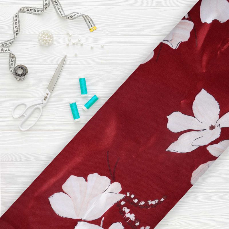Maroon And White Floral Pattern Digital Print Ultra Satin Fabric ...