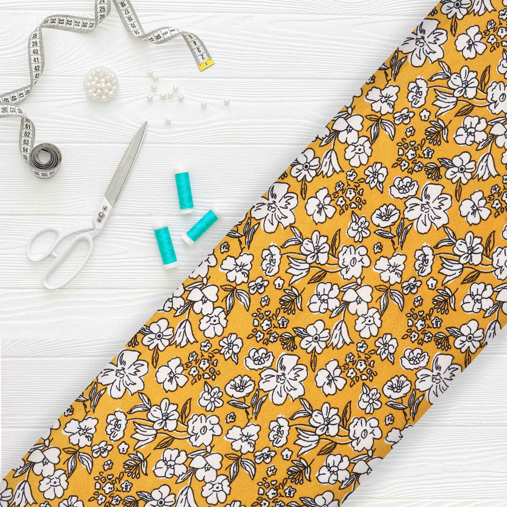Mustard Yellow And White Floral Pattern Screen Print Moss Crepe Fabric ...