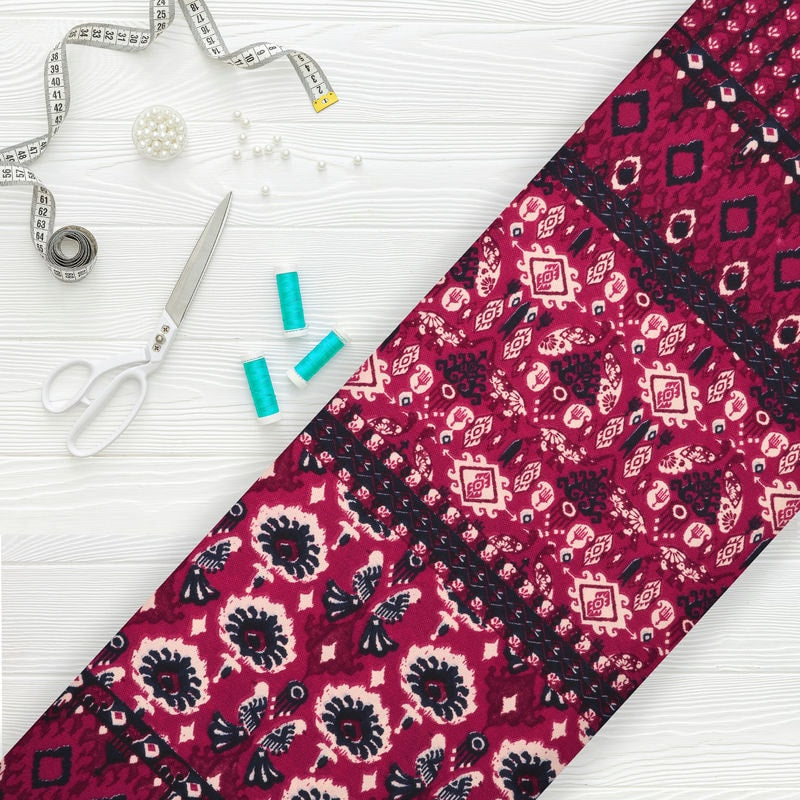 Maroon And Black Traditional Pattern Screen Print Mesh Textured BSY Fa ...