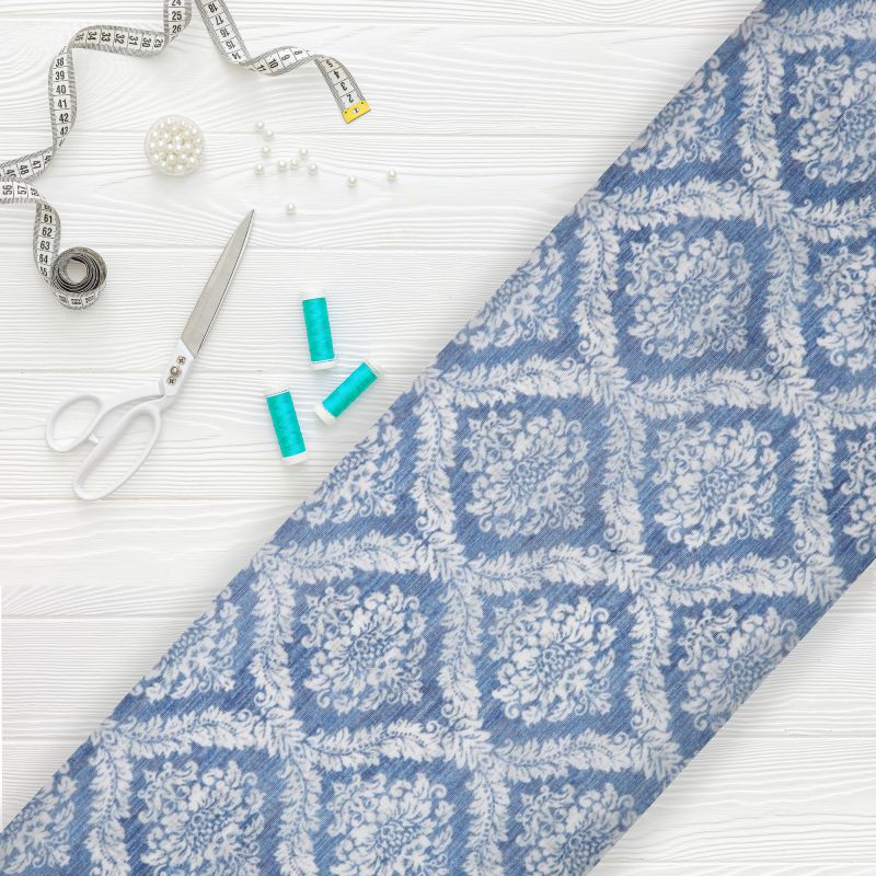 White And Blue Trellis Pattern Digital Print Chanderi Fabric – Fabmyntra