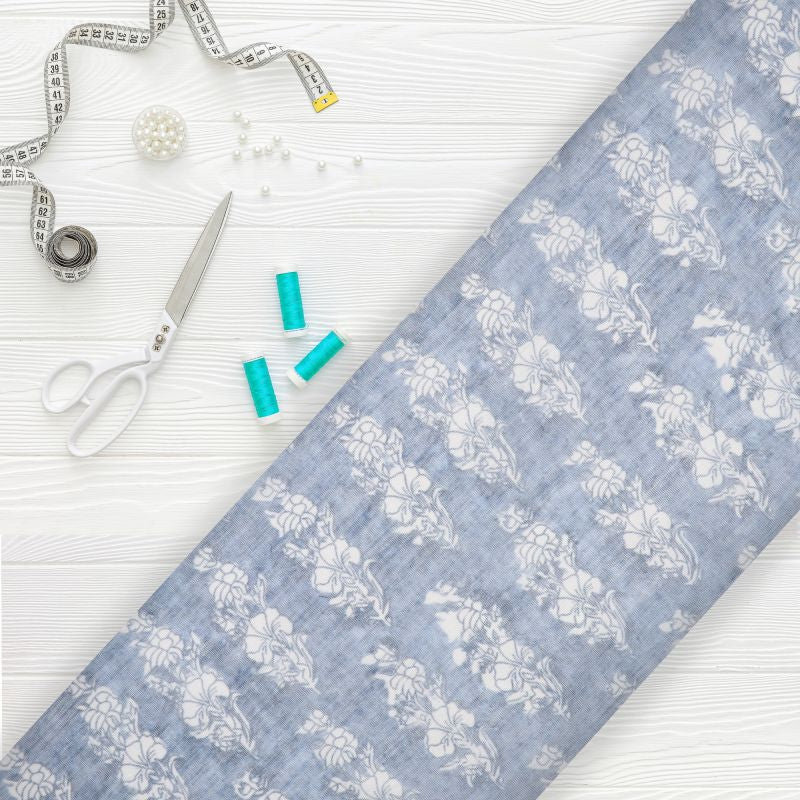 Dusty Blue And White Booti Pattern Digital Print Chanderi Fabric ...