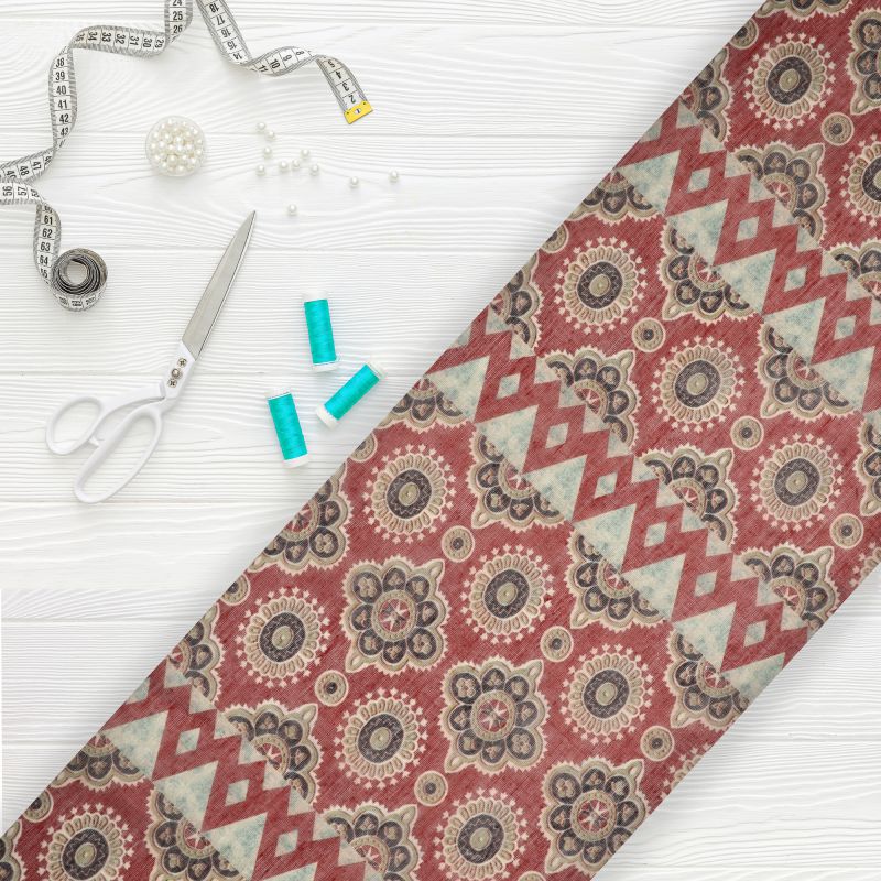 Dusty Red And Green Traditional Pattern Digital Print Chanderi Fabric ...