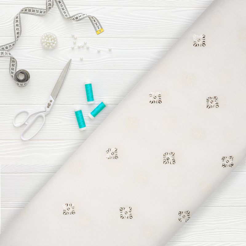 White Booti Pattern Dyed Embroidery Sequins Chiffon Fabric – Fabmyntra