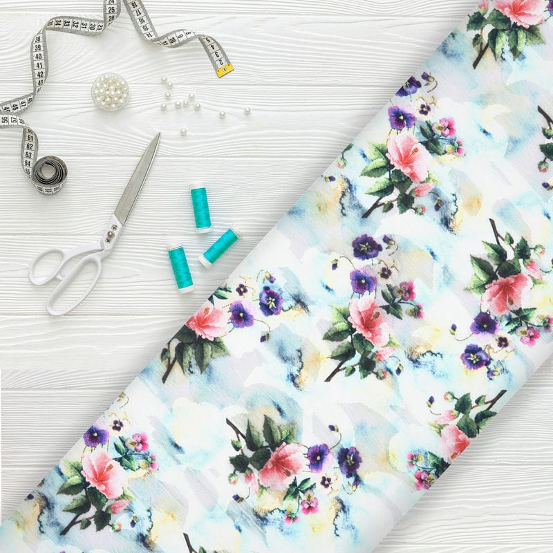 Purple And Color Floral Pattern Digital Print Jacquard Georgette Fabri ...