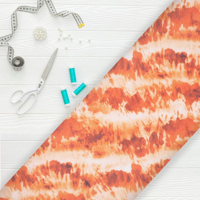 Orange And White Tie & Dye Pattern Digital Print Georgette Satin Fabri ...
