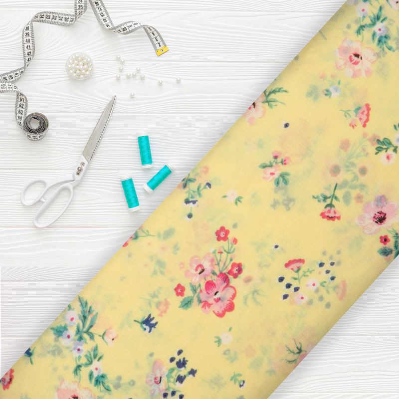 Light Yellow And Red Floral Pattern Screen Print Georgette Fabric ...