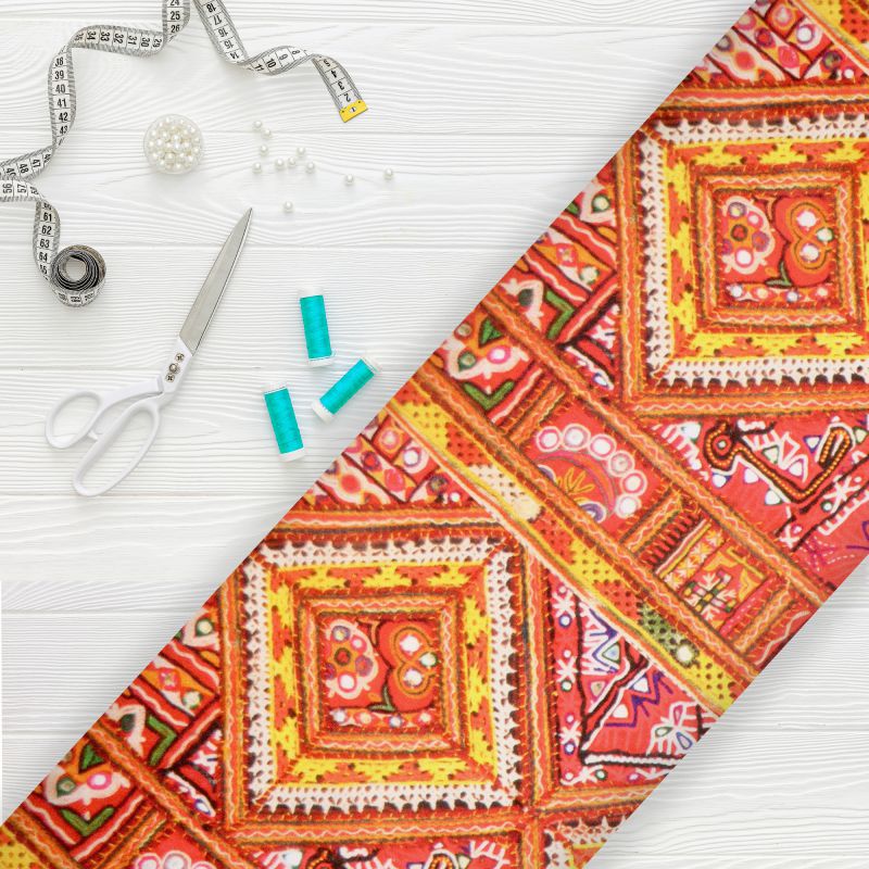 Yellow And Red Gamthi Pattern Digital Print Fabric – Fabmyntra