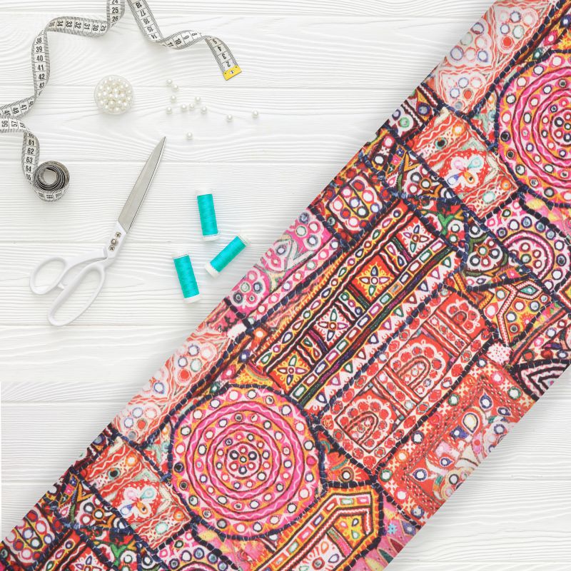 Red And Pink Gamthi Pattern Digital Print Fabric – Fabmyntra