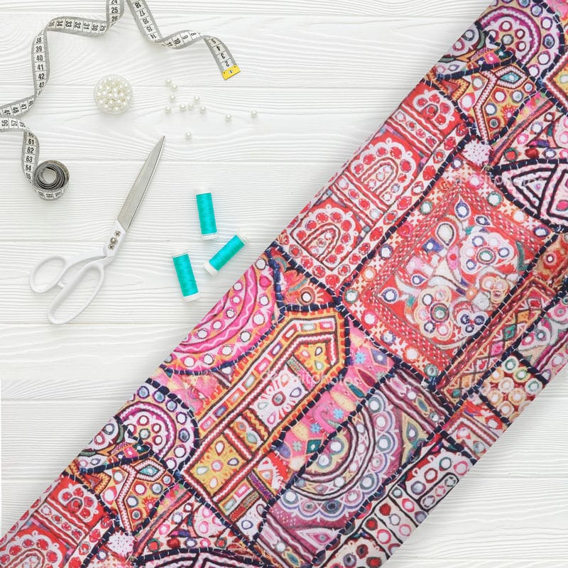 Pink And Red Gamthi Pattern Digital Print Fabric – Fabmyntra