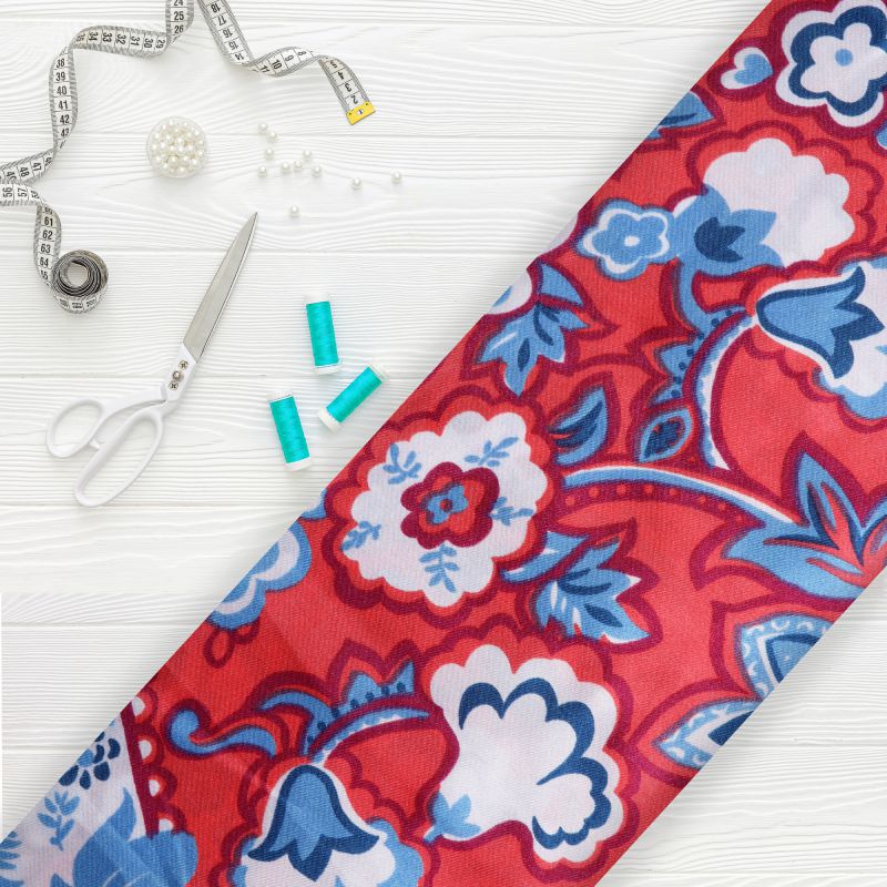 Red And Blue Paisley Pattern Digital Print Ultra Satin Fabric – Fabmyntra