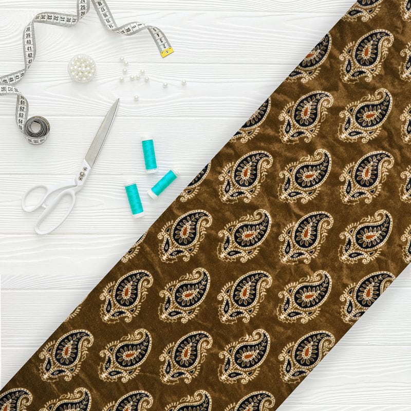 Dark Olive And Navy Blue Paisley Pattern Digital Print Velvet Fabric ...